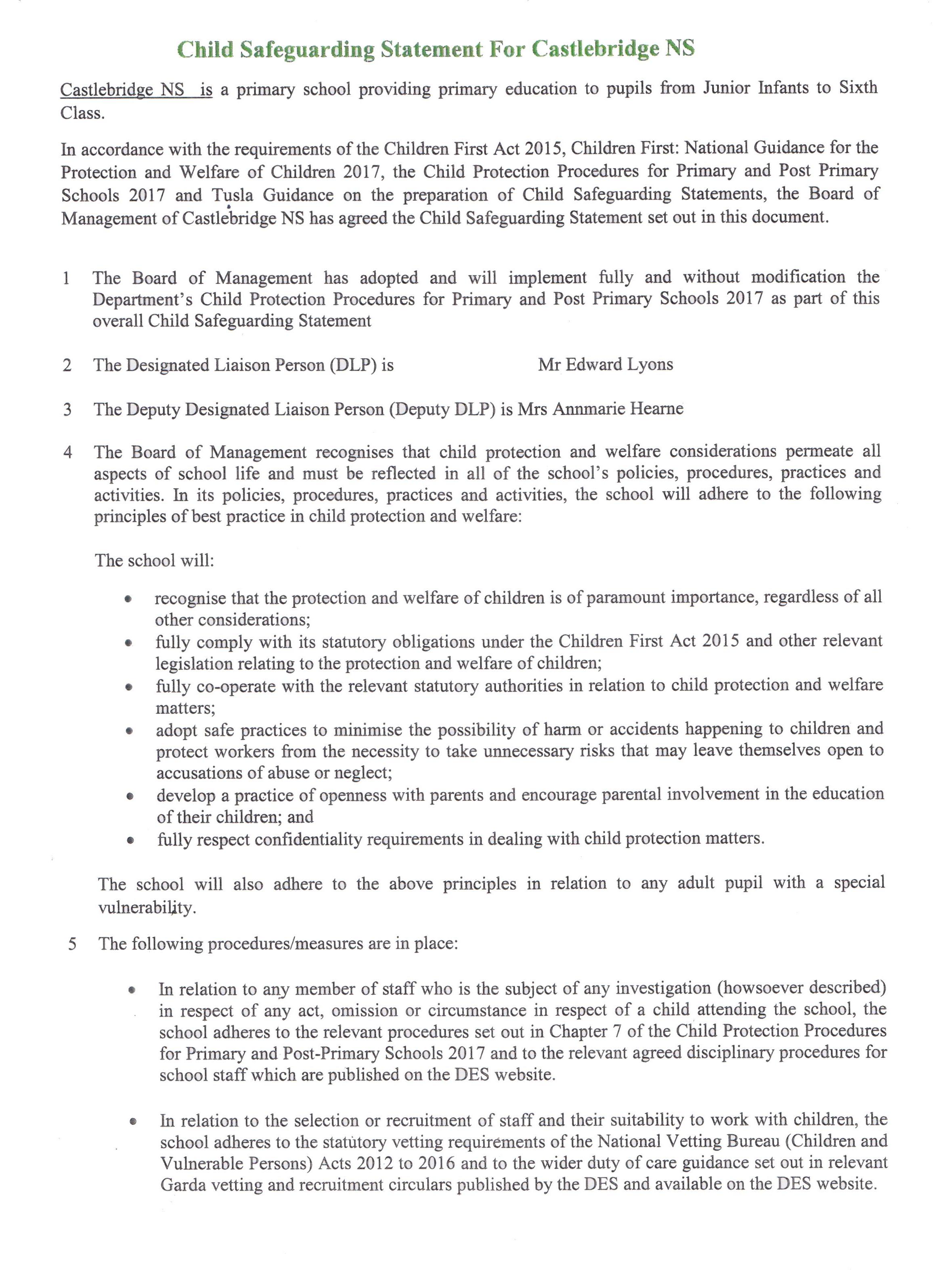 Child Safeguarding Statement - Castlebridge NS Child Safeguarding Statement - Castlebridge NS